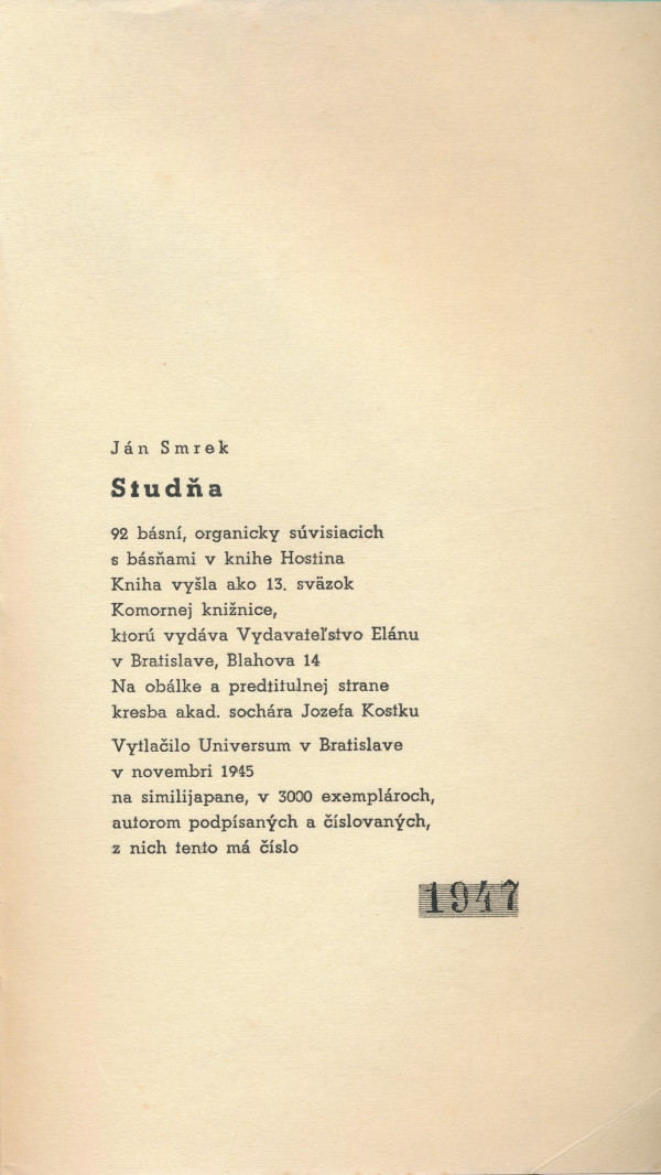 Ján Smrek: STUDŇA | Pod Vŕškom - kníhkupectvo, antikvariát a libresso